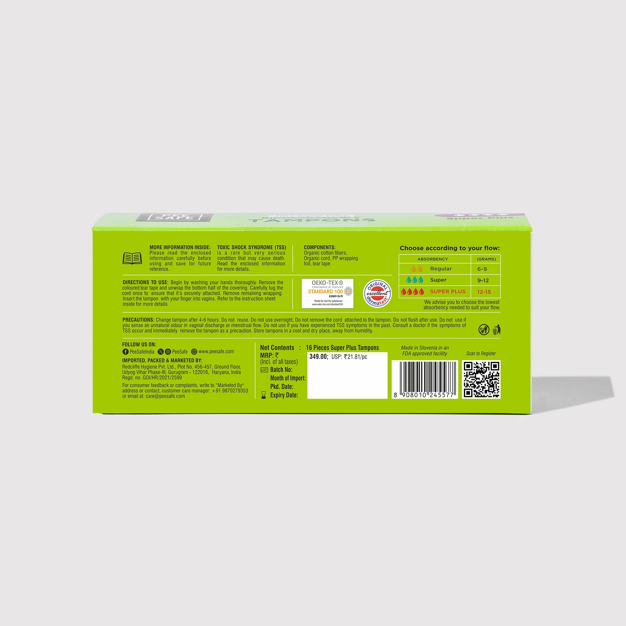 Pee Safe Tampons | Super Plus Size | Pack Of 16